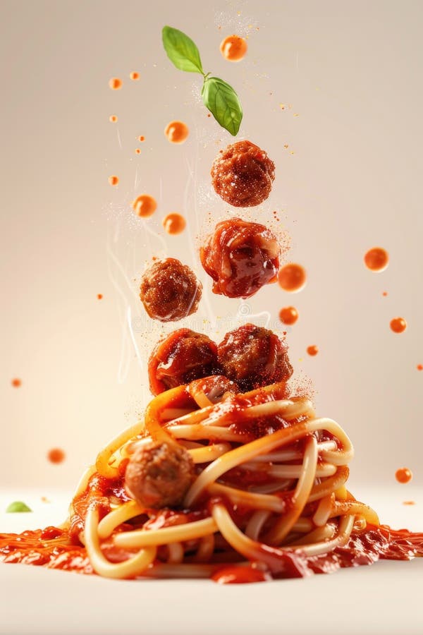 Dynamic Floating Pasta with Meatballs, Fresh Basil, and Tomatoes ...