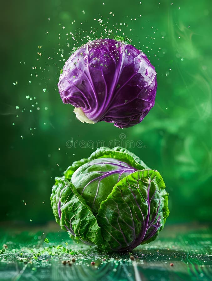 Dynamic Floating Purple Cabbage Heads with Water Droplets on a Vibrant ...