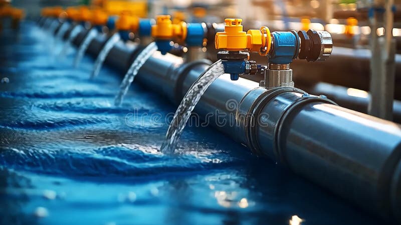 Dynamic Flow of Water through Industrial Pipes and Valves in Vibrant ...