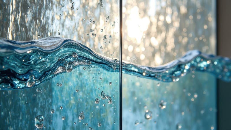 Dynamic Flowing Water Against Glass Surface with Sunlight Reflections ...