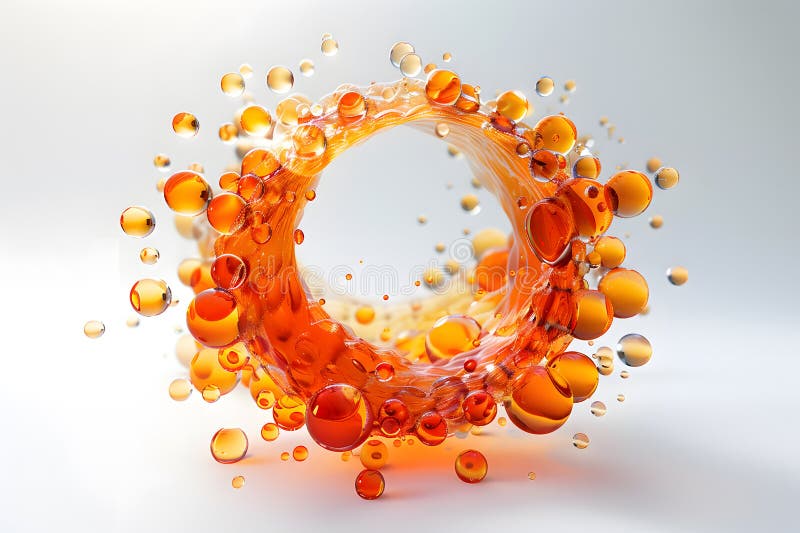 Abstract Orange Fluid Ring with Floating Bubbles on White Background ...