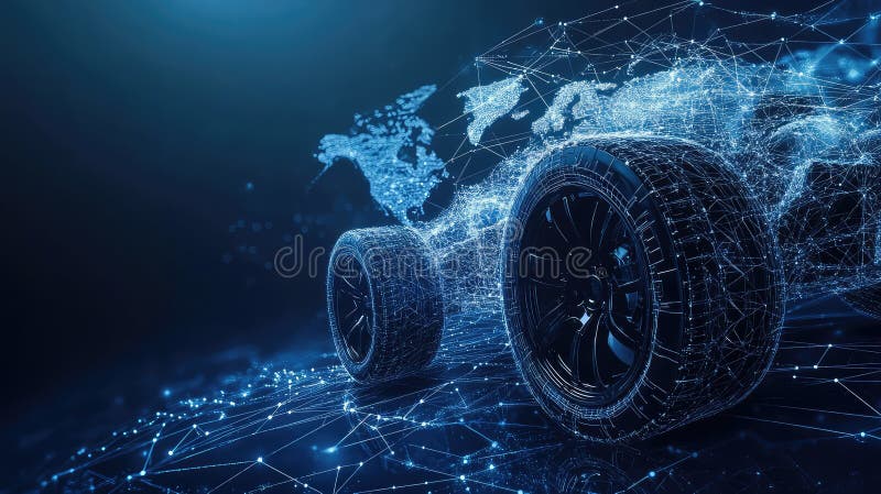 Dynamic Flying Car Wheel Against Network Polygon World Map with ...