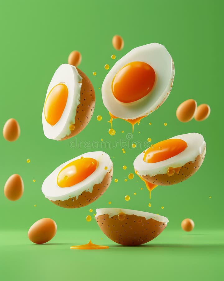 Dynamic Flying Eggs with Yolk Splashes on Vibrant Green Background High ...