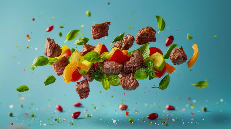 Dynamic Flying Food Composition with Beef Cubes and Fresh Vegetables on ...