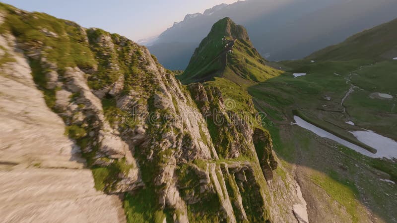 Dynamic Flying Over Mountain Range Stone Texture Sunny Slope Grass Snow ...