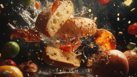Dynamic Food Explosion with Bread and Fruit Stock Illustration ...