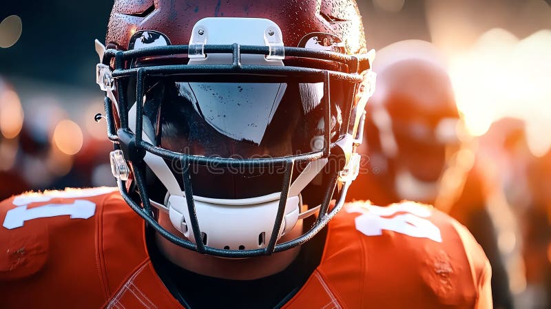 Dynamic Football Player in Helmet, Glowing Sunset Background Stock ...
