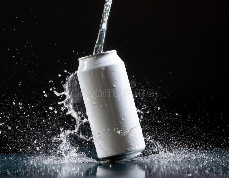 A Dynamic Force of Water Colliding with a Tilted White Soda Can Stock ...