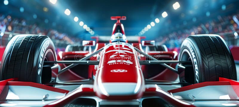 Bright Red Racing Car Races through Stadium for Formula One Racing ...