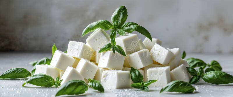 Dynamic Fresh Mozzarella Cubes with Basil Mockup Stock Image - Image of ...