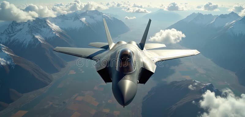 Dynamic Front View of F-35 Fighter Jet Flying High in Sky with Clouds ...