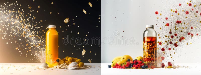 Dynamic Fruit and Cereal Explosion with Bottles of Juice and Smoothie ...