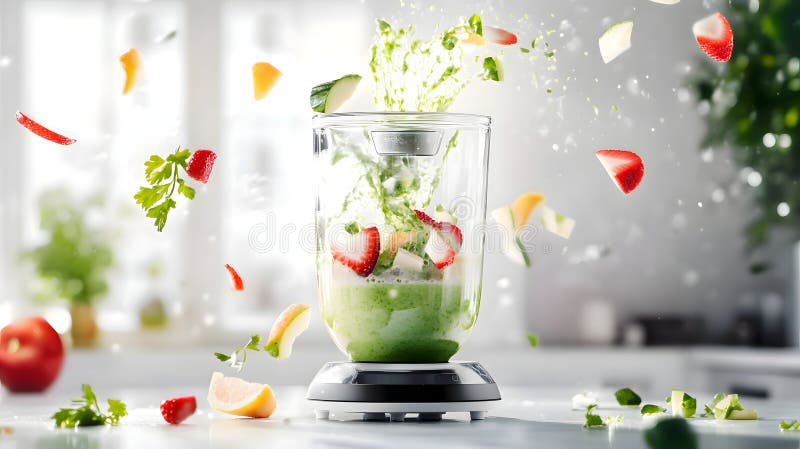 Dynamic Fruit and Vegetable Explosion in Modern Blender Kitchen Scene ...