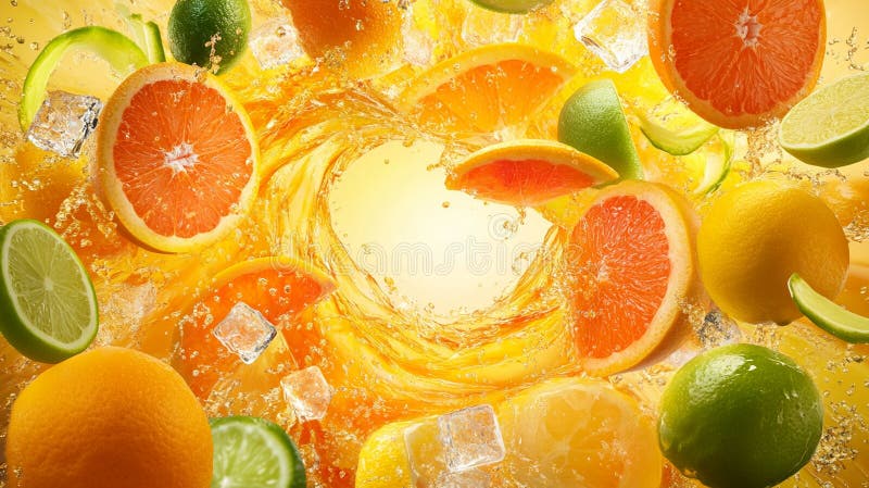 A Dynamic Fruit Visual Poster Featuring a Tornado-like Vortex, Bright Colors, and Center ...