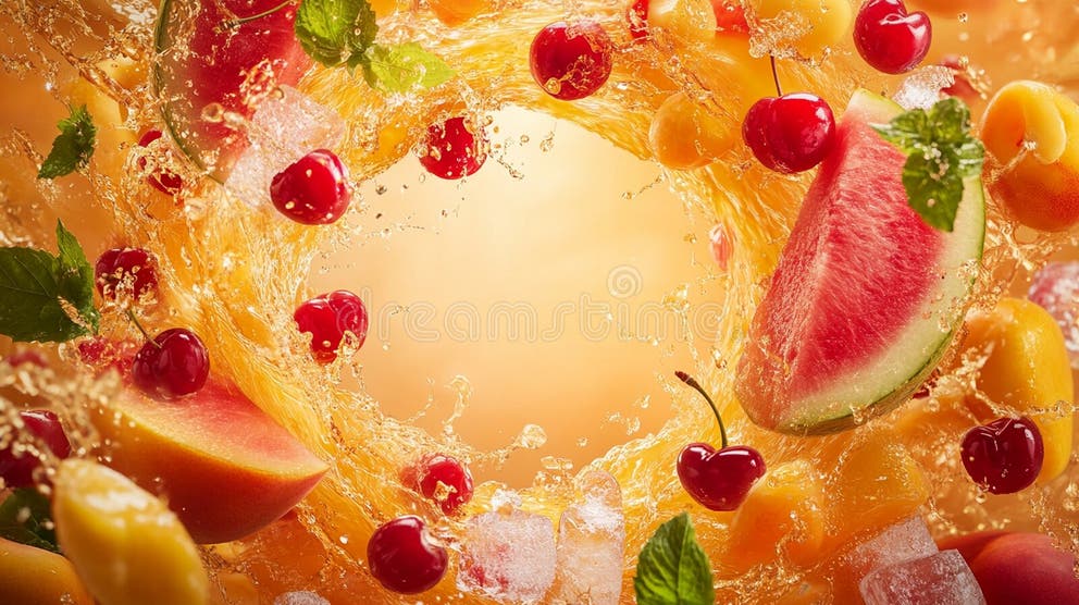 A Dynamic Fruit Visual Poster Featuring a Tornado-like Vortex, Bright Colors, and Center ...