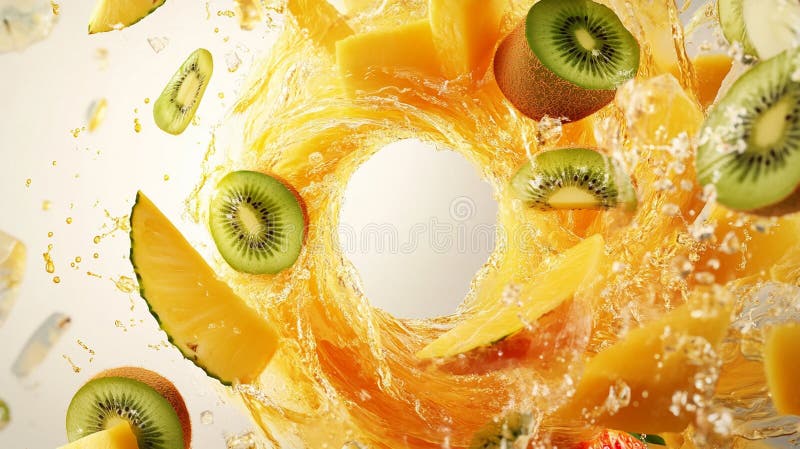A Dynamic Fruit Visual Poster Featuring a Tornado-like Vortex, Bright Colors, and Center ...
