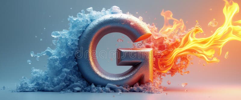 Dynamic Fusion of Fire and Water Around a Metallic G Stock Image ...