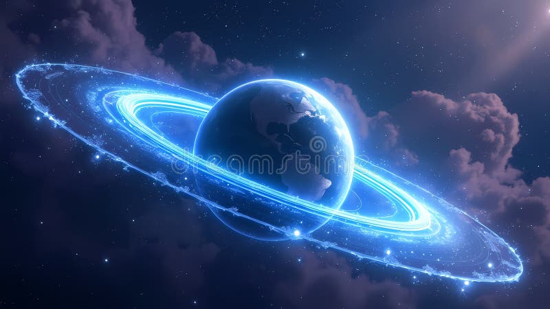 Dynamic Futuristic Cosmic Landscape Blue Light Trails Arcing Around ...