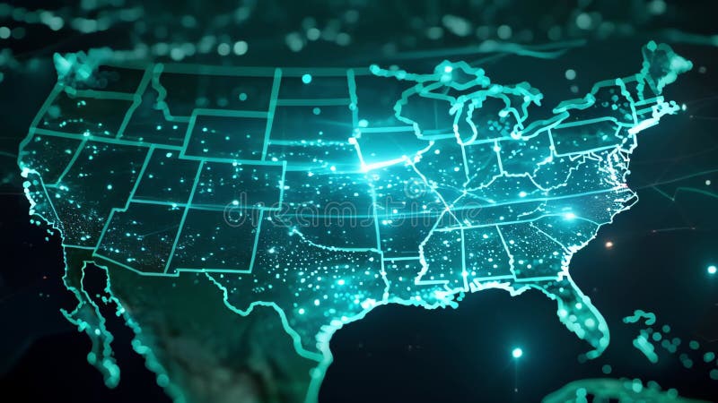 Dynamic and Futuristic Map of the United States, Rendered in a Vibrant ...