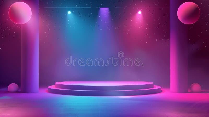 A Dynamic, Futuristic Stage Illuminated by Vibrant Neon Lights and Set ...