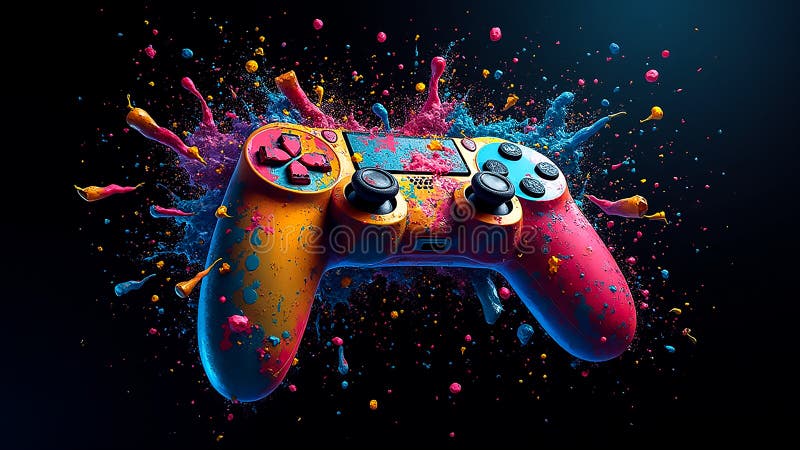 Colorful Game Controller Surrounded by Vibrant Paint Splashes in an ...