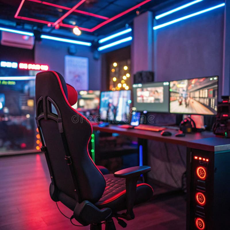 Blurred Vibrant Gaming Room with High-resolution Monitors Stock ...