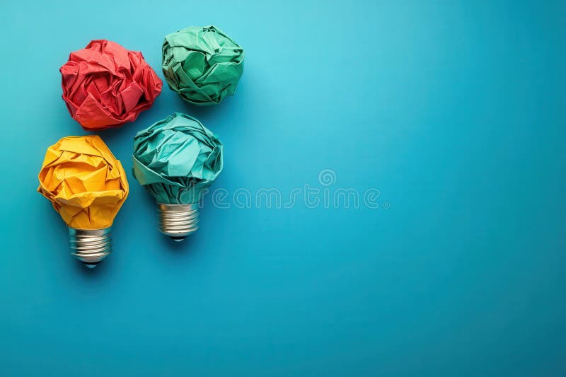 Creative Brainstorming Session with Colorful Paper Light Bulbs on a ...