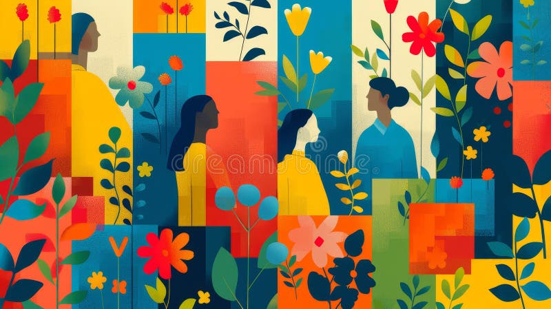 Dynamic Geometric Patterns with Happy People and Colorful Flowers, for ...