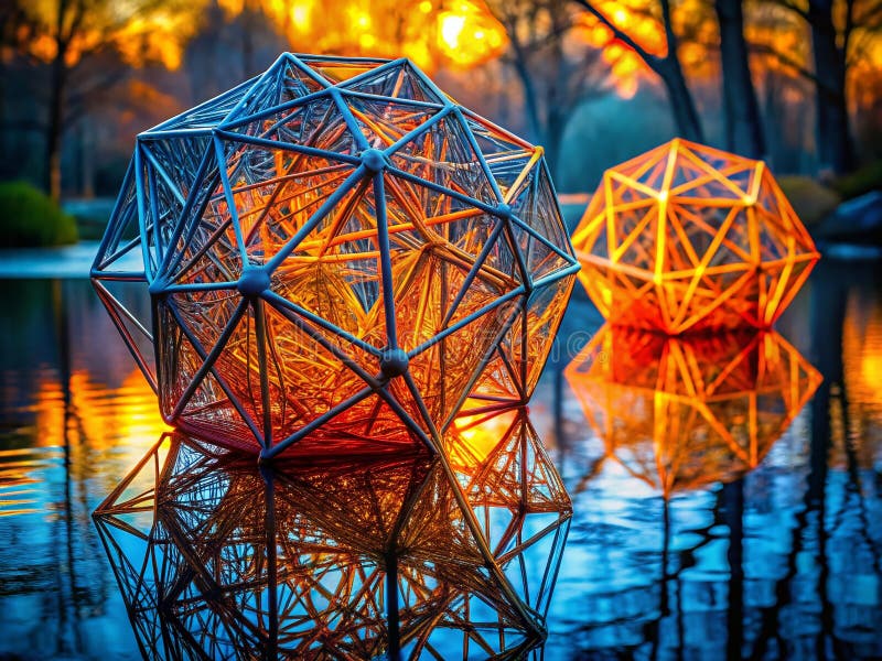 Dynamic Geometric Wireframe Sculpture Intricate Orange and Blue Design ...