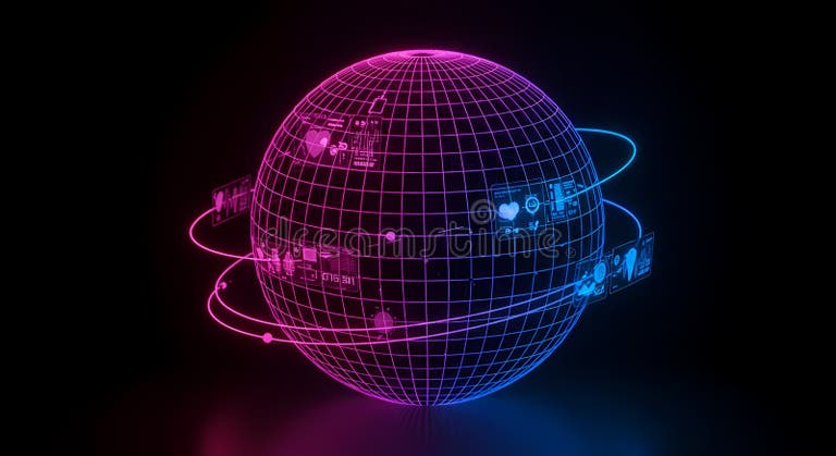 Dynamic Global Data Network with Futuristic Digital Interfaces and Neon Light Effects Stock ...