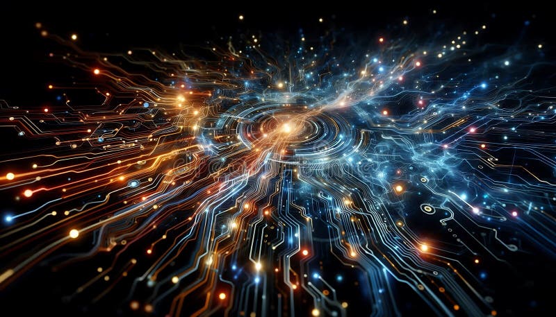 Dynamic Glowing Circuits Spreading Across a Dark Background, Forming Intricate Futuristic ...