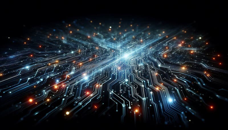 Dynamic Glowing Circuits Spreading Across a Dark Background, Forming Intricate Futuristic ...
