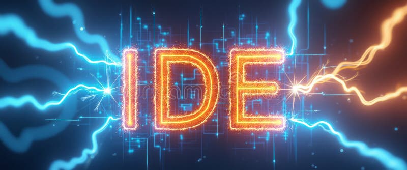 Dynamic Glowing IDE Text Surrounded by Electric Blue and Orange Sparks ...