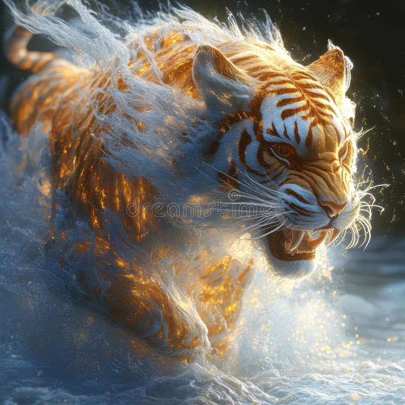 A Dynamic, Glowing Tiger in a Fast-moving Environment, Depicted with ...