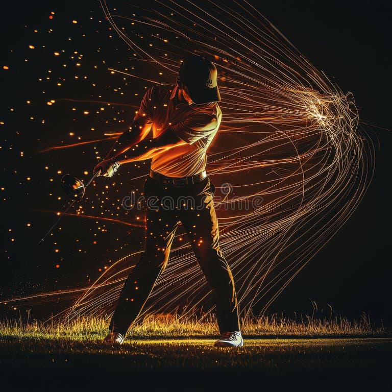 Dynamic Golf Swing with Sparks in Dark Background at Night Stock ...