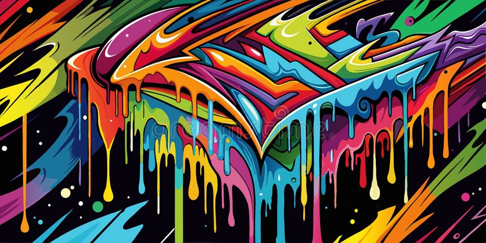 Dynamic Graffiti Design on Black Wall with Colorful Drips Stock Vector ...