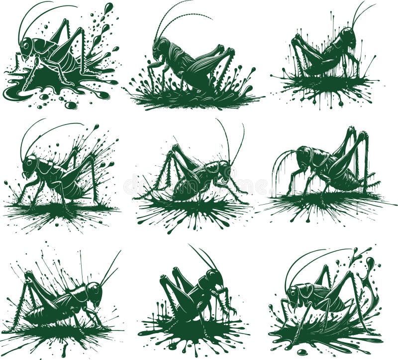Dynamic Grasshopper Illustrations in Ink Splatter Art Style Stock ...