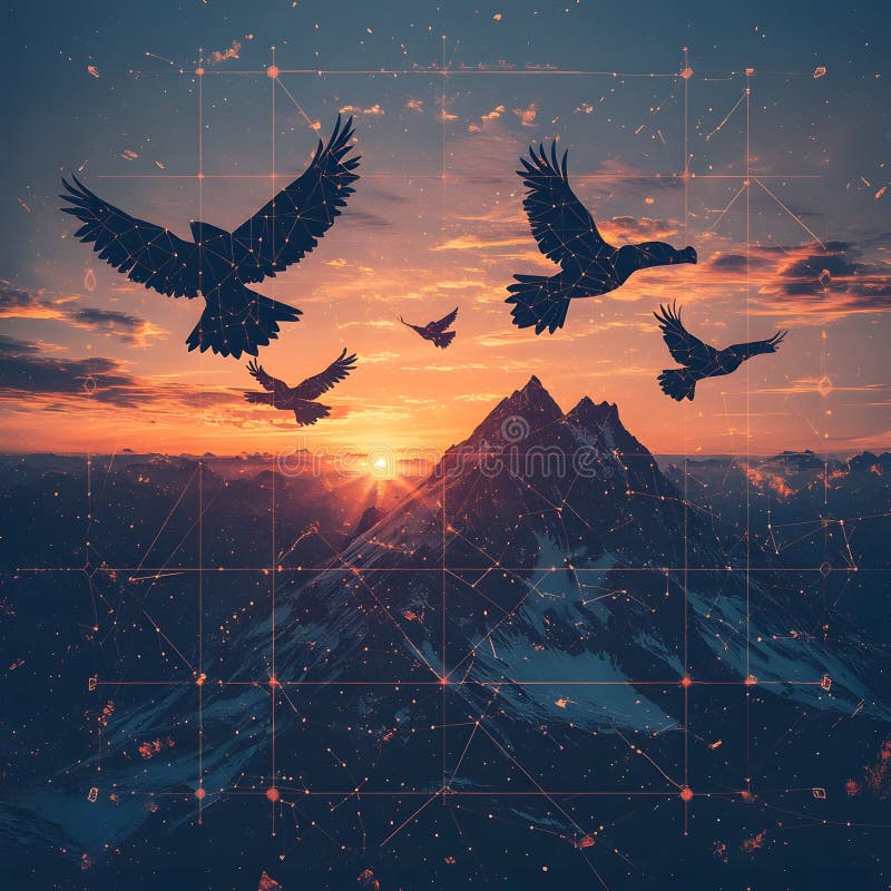 Dynamic Grid of Majestic Mountains and Soaring Eagles at Sunset Stock ...