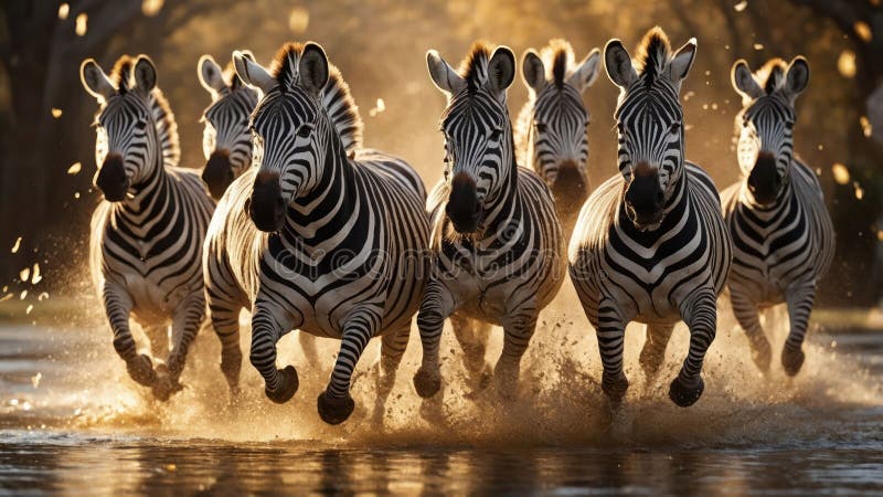 Herd of Zebras Running through Water at Sunset Stock Illustration ...