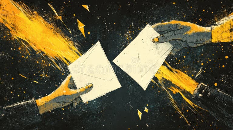 Dynamic Hand-drawn Illustration of Two Hands Exchanging Envelopes with ...