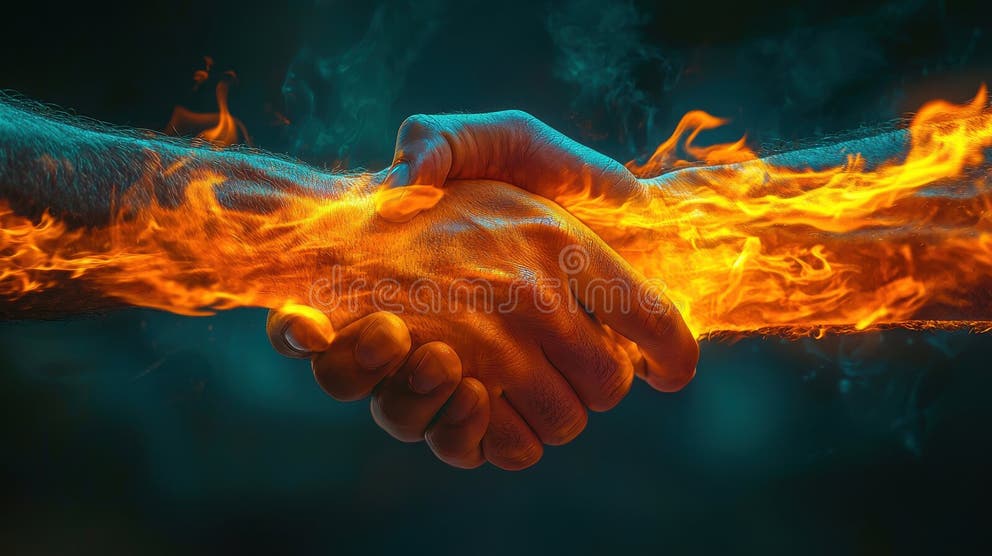 Dynamic Handshake with Flames Symbolizing Power and Unity Stock ...