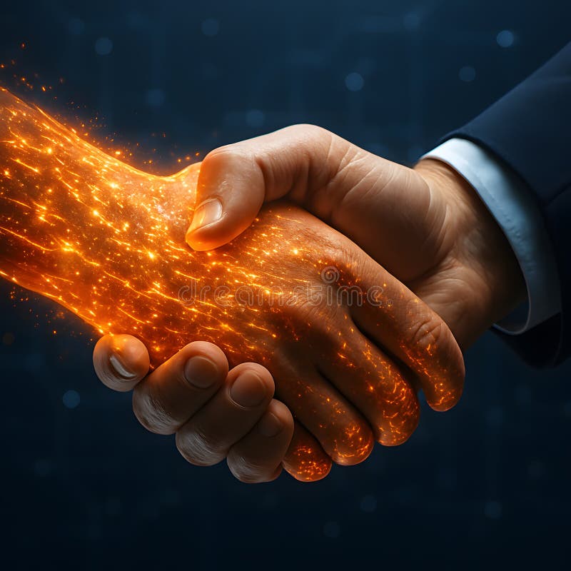 A Dynamic Handshake with One Hand Glowing with Fiery, Sparking ...