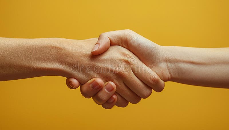 Dynamic Handshake between Two Women on Vibrant Yellow Background Stock ...