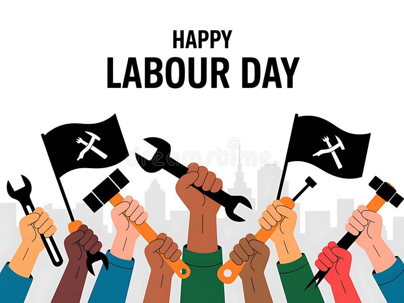 Dynamic Happy Labour Day Poster with Tools and Urban Cityscape Stock ...