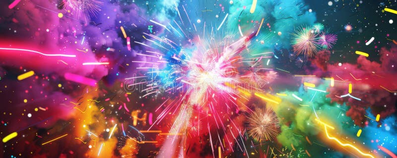 A Dynamic 2025 Happy New Year Banner with Exploding Fireworks, Bright ...