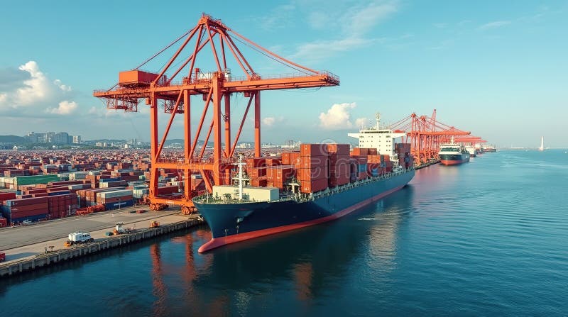 Dockside Crane Lifting Shipping Containers in Busy Harbor Scene Stock ...