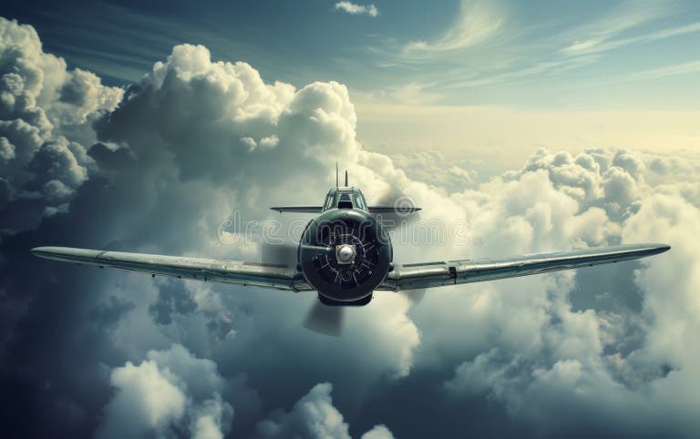 Dynamic Head-on View of a Single-engine Propeller Plane Soaring Amidst ...