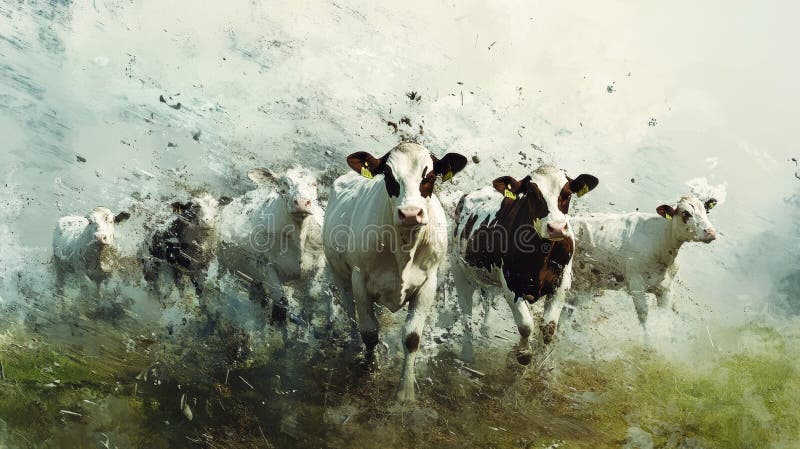 Dynamic Herd of Cows Charging through Misty Field Stock Illustration ...