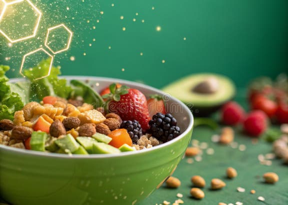 Dynamic Hexagonal Food Particles on a Green Screen Abstract Visual ...