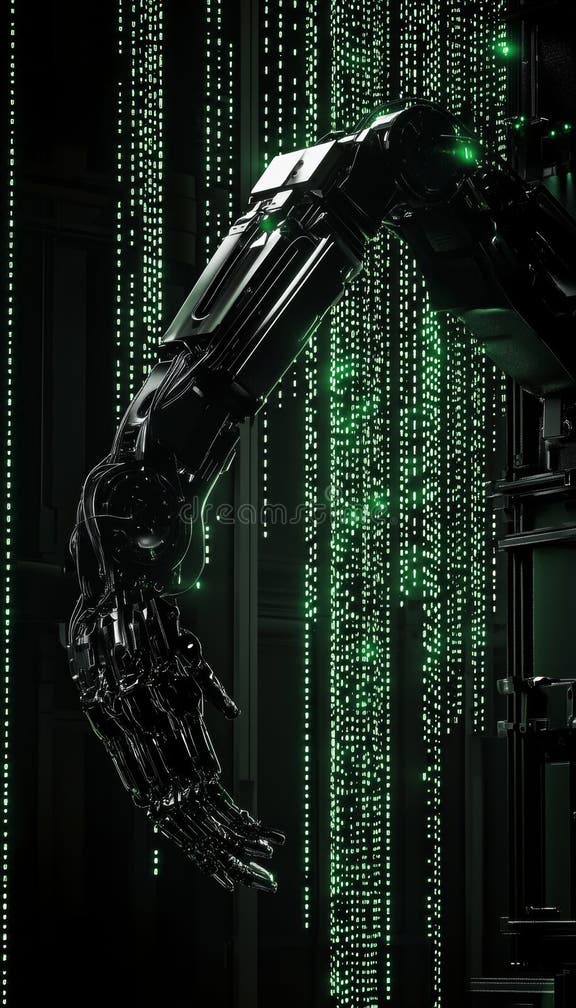 Dynamic High Tech Robotic Arm Surrounded by Cascading Green Code in a ...